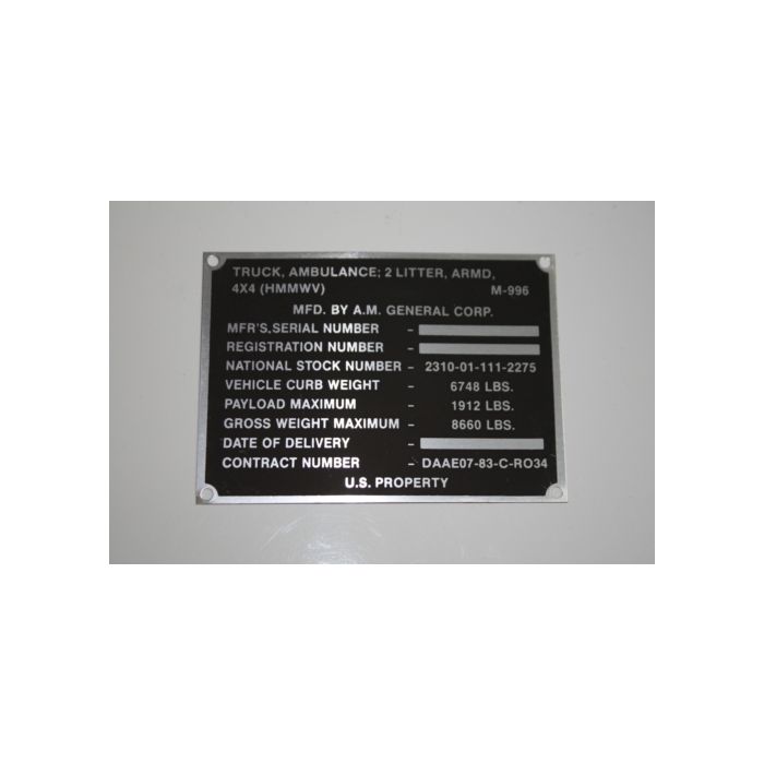 IDENTIFICATION PLATE, M996/HUMMER(AMBULANCE)